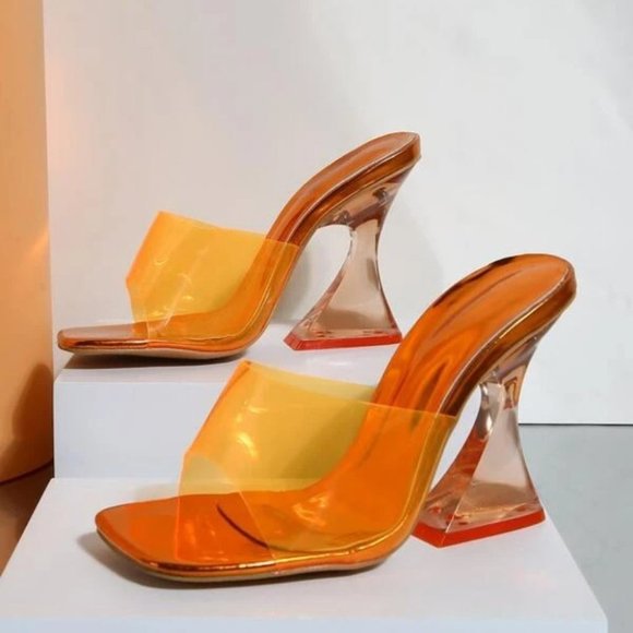 Shoes | Clear Strap Open Toe Sculptural Acrylic Heels Orange | Poshmark